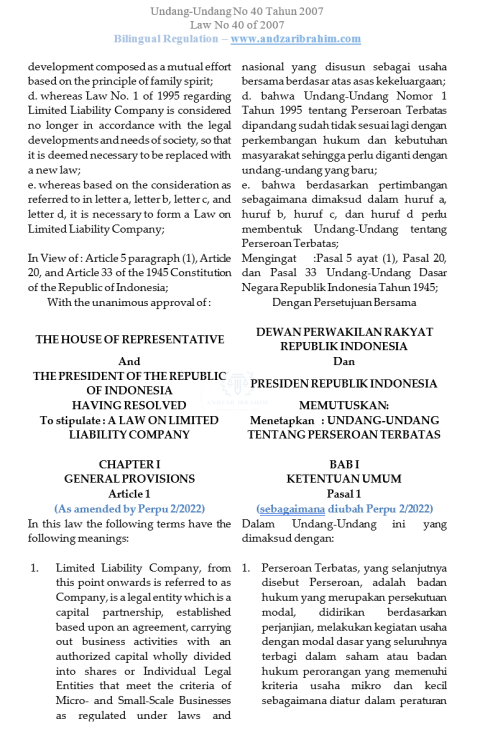 Law No 40 of 2007 on Company Law as Amended by Perpu 2/2022 (bilingual ...